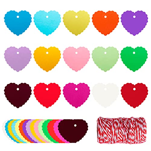 XIANMU 300 Pcs 15 Colors Paper Heart Tags with String Valentines Day Decorations Colored Gift Tags Labels Hang Tag for DIY Arts Crafts Wedding Christmas Thanks Giving Birthday Baby Showes Party Favors