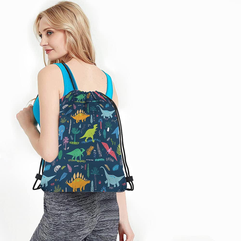 Beabes Dinosaur Drawstring Backpack Bag - Cute Cartoon Animal Funny Cool Colorful Dino Tropical Palm Leaf Sport Gym Sack Drawstring Bag for Men Women