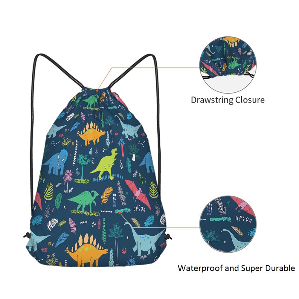 Beabes Dinosaur Drawstring Backpack Bag - Cute Cartoon Animal Funny Cool Colorful Dino Tropical Palm Leaf Sport Gym Sack Drawstring Bag for Men Women