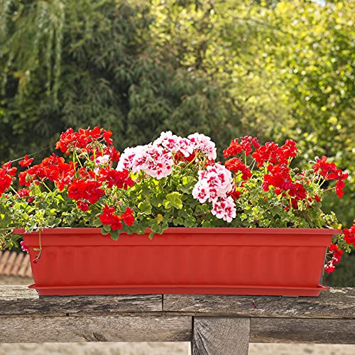 Elcoho 6 Pack Flower Window Box Planters 17 Inches Plastic Vegetable Plant Pot Rectangular Planters with Trays for Windowsill, Patio, Porch, Garden, Home Decor (Red)