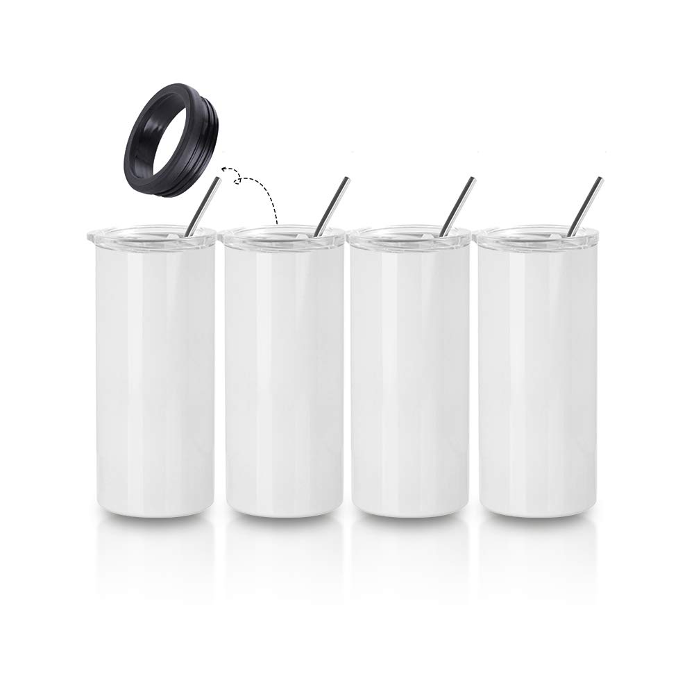 PYD Life Sublimation Blanks Tumbler Skinny Slim 12 OZ Straight Stainless Steel Can Cooler Insulater with 2 Lids and Metal Straw Sublimation Mugs Cups 4 Pack