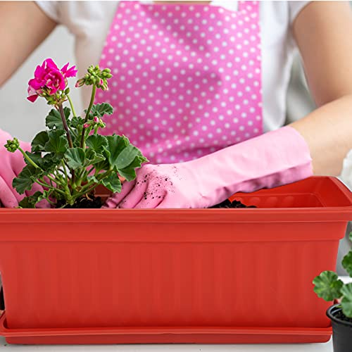 Elcoho 6 Pack Flower Window Box Planters 17 Inches Plastic Vegetable Plant Pot Rectangular Planters with Trays for Windowsill, Patio, Porch, Garden, Home Decor (Red)