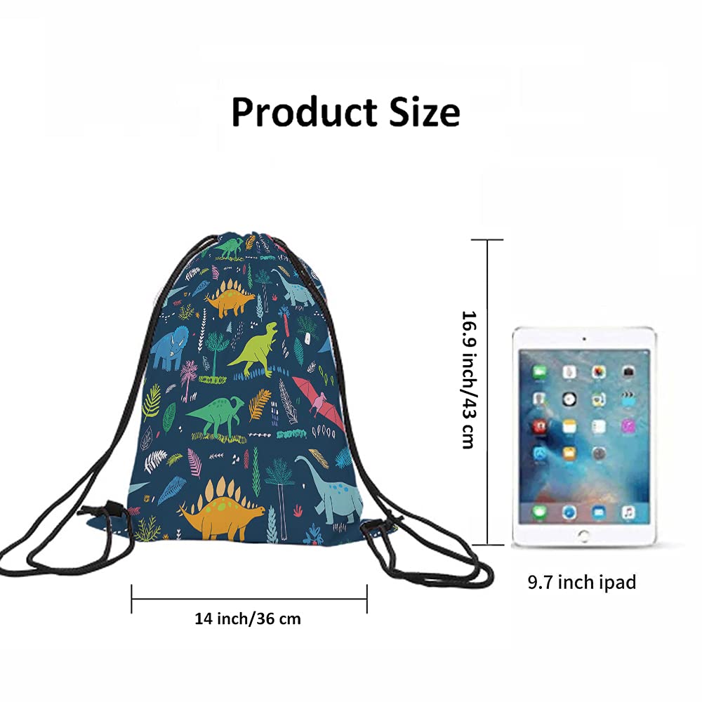 Beabes Dinosaur Drawstring Backpack Bag - Cute Cartoon Animal Funny Cool Colorful Dino Tropical Palm Leaf Sport Gym Sack Drawstring Bag for Men Women