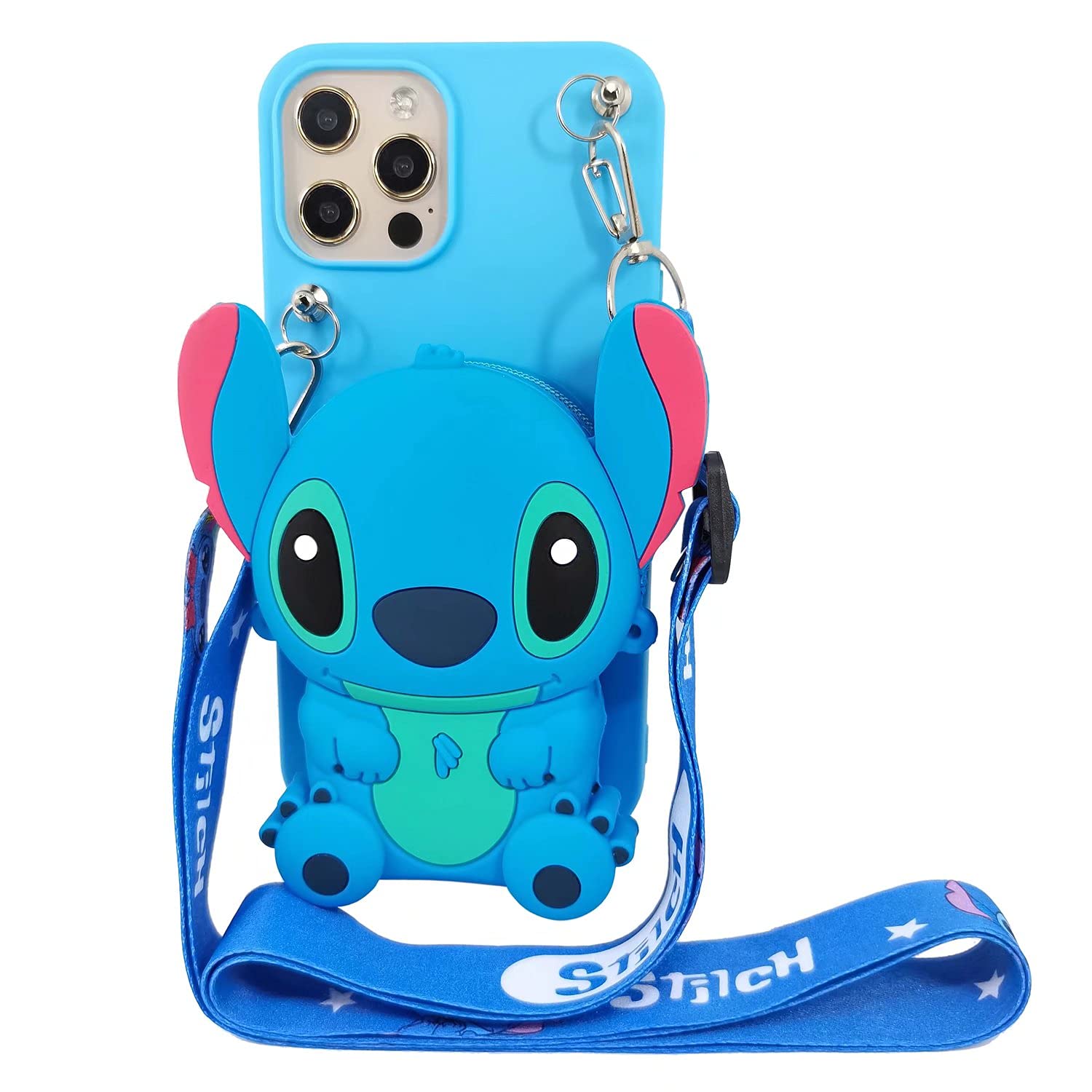 Maoerdo Case Compatible with iPhone 13 Pro Max Cute 3D Cartoon Purse Wallet with Lanyard Wrist Strap Silicone Cover Camera Lens Protector for iPhone 13 Pro Max 6.7-inch 2021 Alien Dog Blue