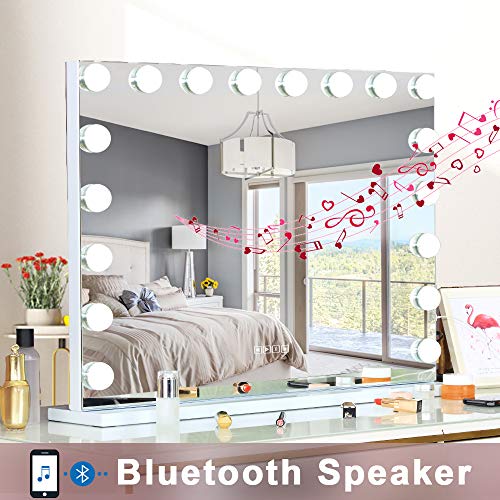 Bobening Vanity Mirror with Bluetooth and 18 LED Lights Hollywood Makeup Mirror with 3 Light Modes 31.5"X22.8" Tabletop/Hanging Bluetooth Vanity Mirror with Touch Screen & USB Charging Port