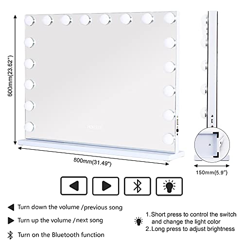 Bobening Vanity Mirror with Bluetooth and 18 LED Lights Hollywood Makeup Mirror with 3 Light Modes 31.5"X22.8" Tabletop/Hanging Bluetooth Vanity Mirror with Touch Screen & USB Charging Port