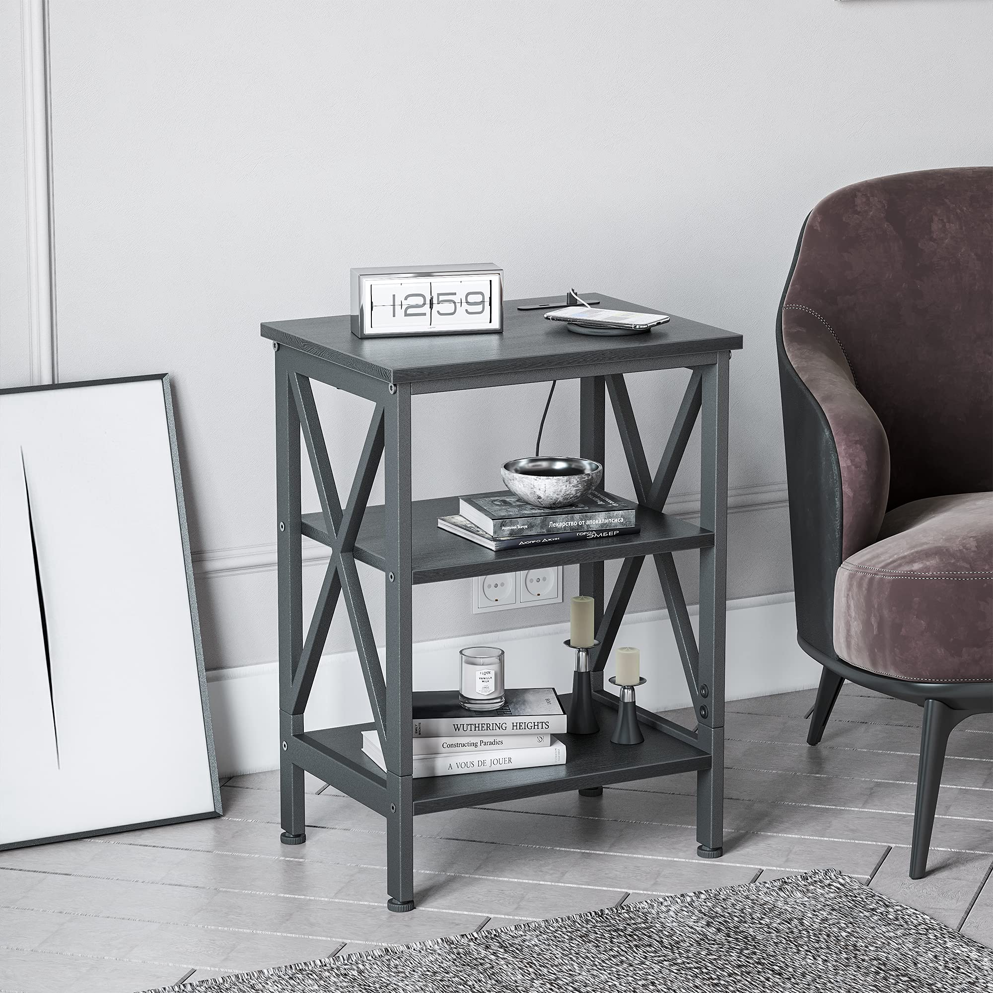 CubiCubi Oxford Side Table, Dual USB Charging Ports End Table, Nightstand Steel Frame, Home Decorative for Living Room Bedroom, Wooden Shelves and Rustic Style, Black