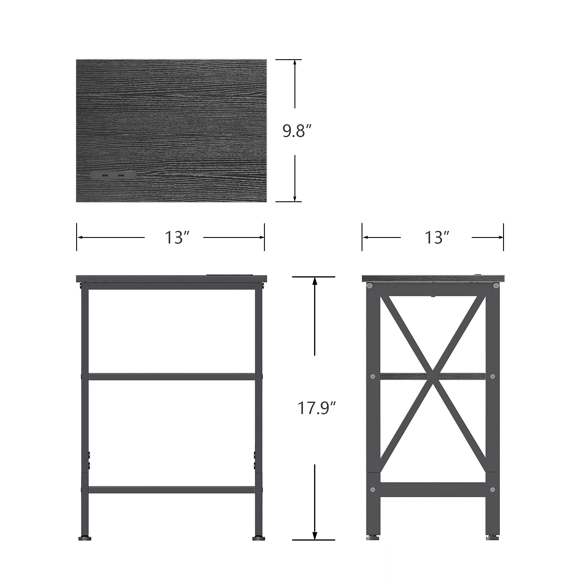CubiCubi Oxford Side Table, Dual USB Charging Ports End Table, Nightstand Steel Frame, Home Decorative for Living Room Bedroom, Wooden Shelves and Rustic Style, Black