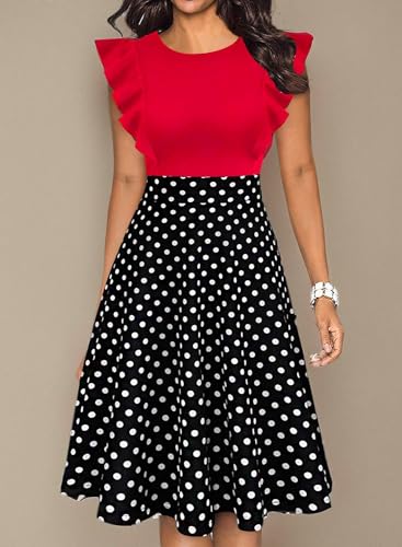 Polka Dot Dress for Women Vintage Ruffle Sleeves Floral Print Flared A Line Swing Summer Dress Casual Wedding Guest Cocktail Party Dresses with Pockets Red Black White Polka Dot Small