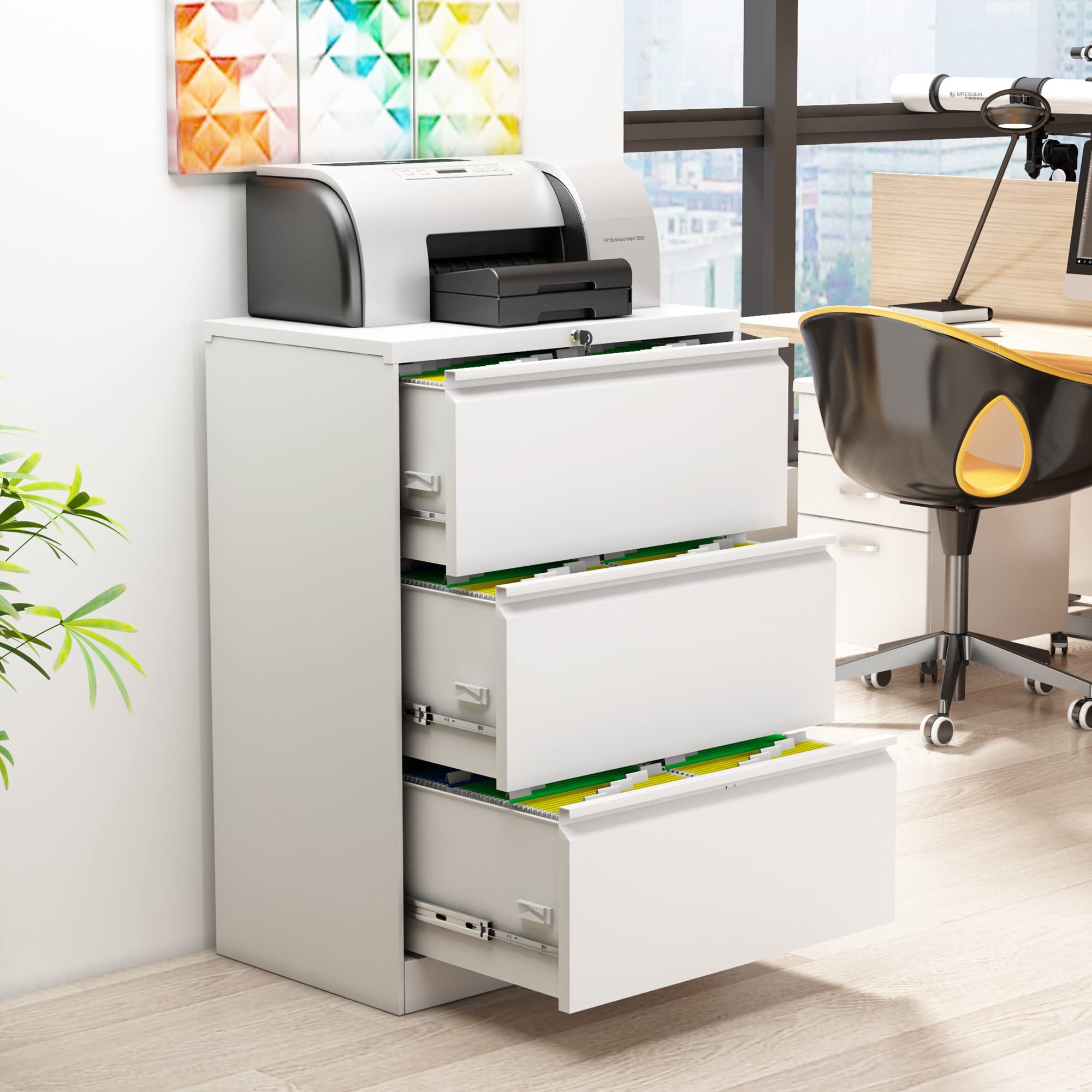 Aobabo 3 Drawer Lateral Steel File Organizing Cabinet with Locking System and Adjustable Hanging Bars for Letter/Legal Size Paper, White
