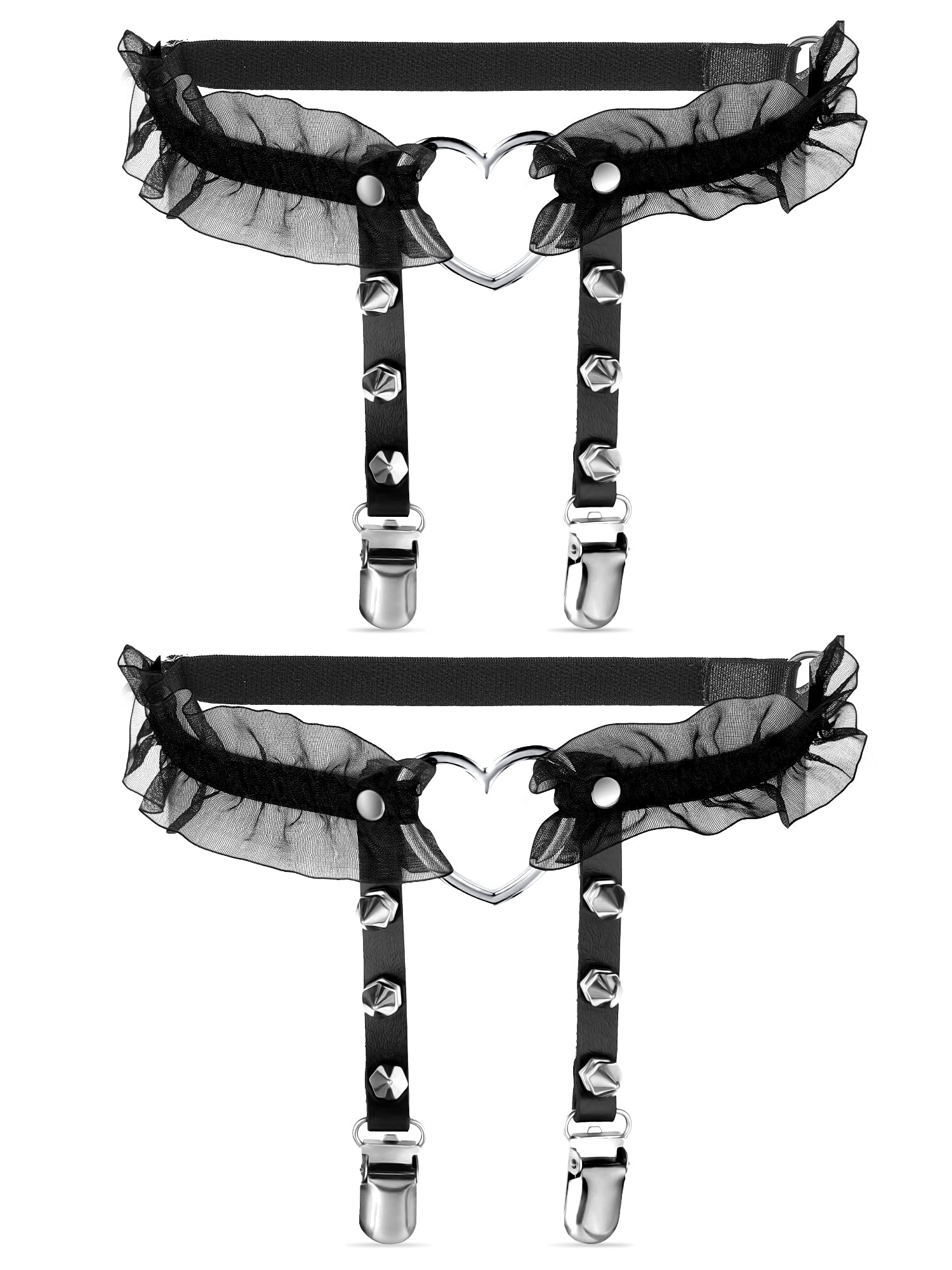 Geyoga 2 Pieces Adjustable Heart Shaped Leg Garters Women Sexy Lace Heart Harness Garter Belts Elastic Punk Rivet Thigh Ring Garters with Non-Slip Clips for Women Black