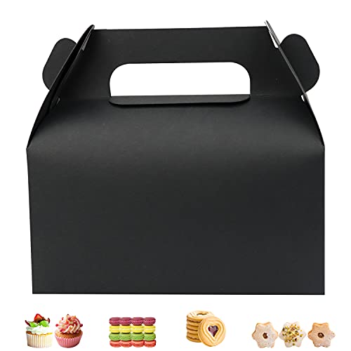 GUIFIER 25 Pack Black Treat Boxes Gable Boxes Party Favor Boxes Goodie Gift Boxes Paper Boxes with Handles for Birthday Shower Celebrating and Party Dessert Boxes for Candy, Cookies 6.5x3.6x3.4 Inches