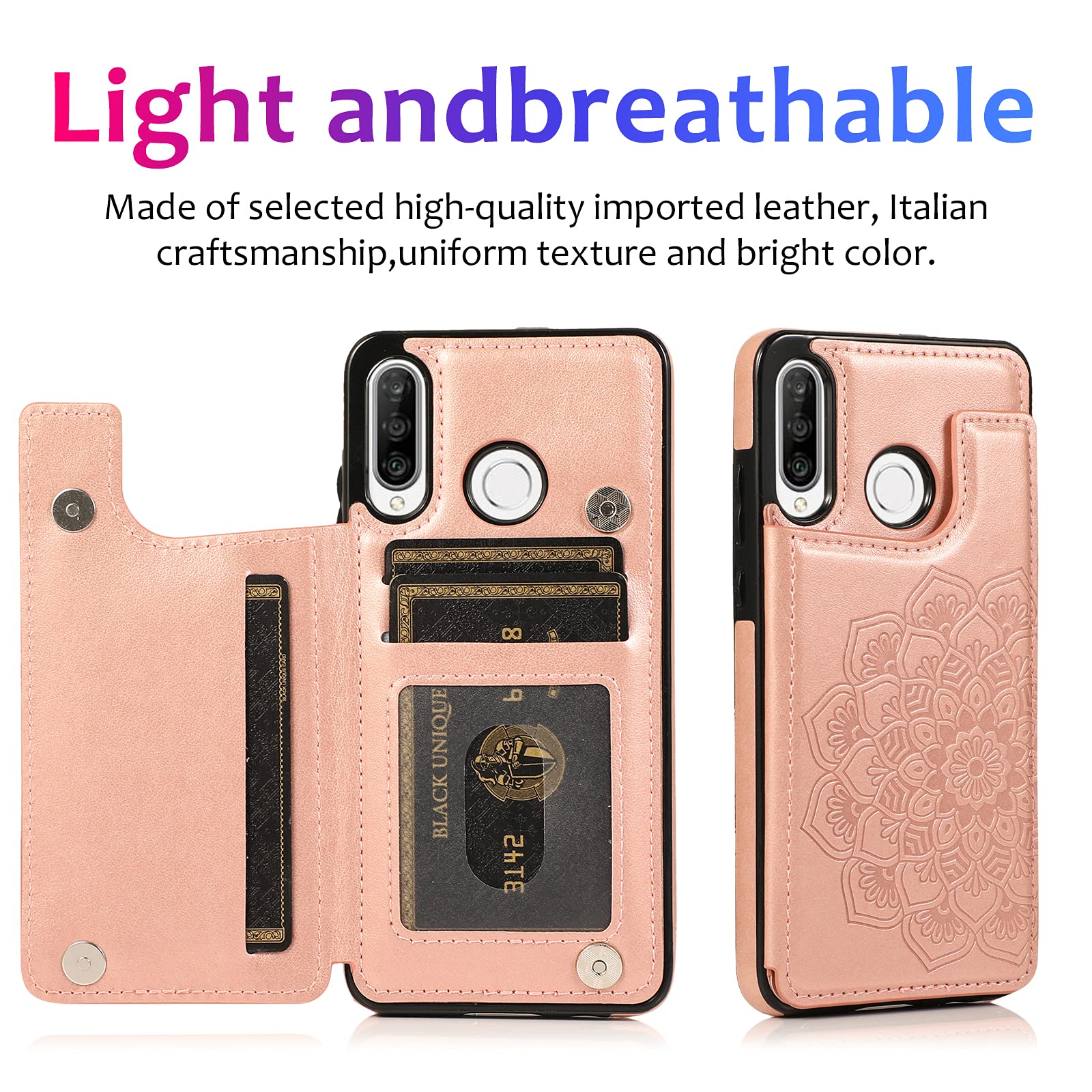 Asuwish Compatible with Huawei P30 Lite Case and Tempered Glass Screen Protector Cell Accessories Card Holder Slot Stand Kickstand Flip Wallet Phone Covers for Hawaii P30Lite P 30 30Lite 30P Rose Gold