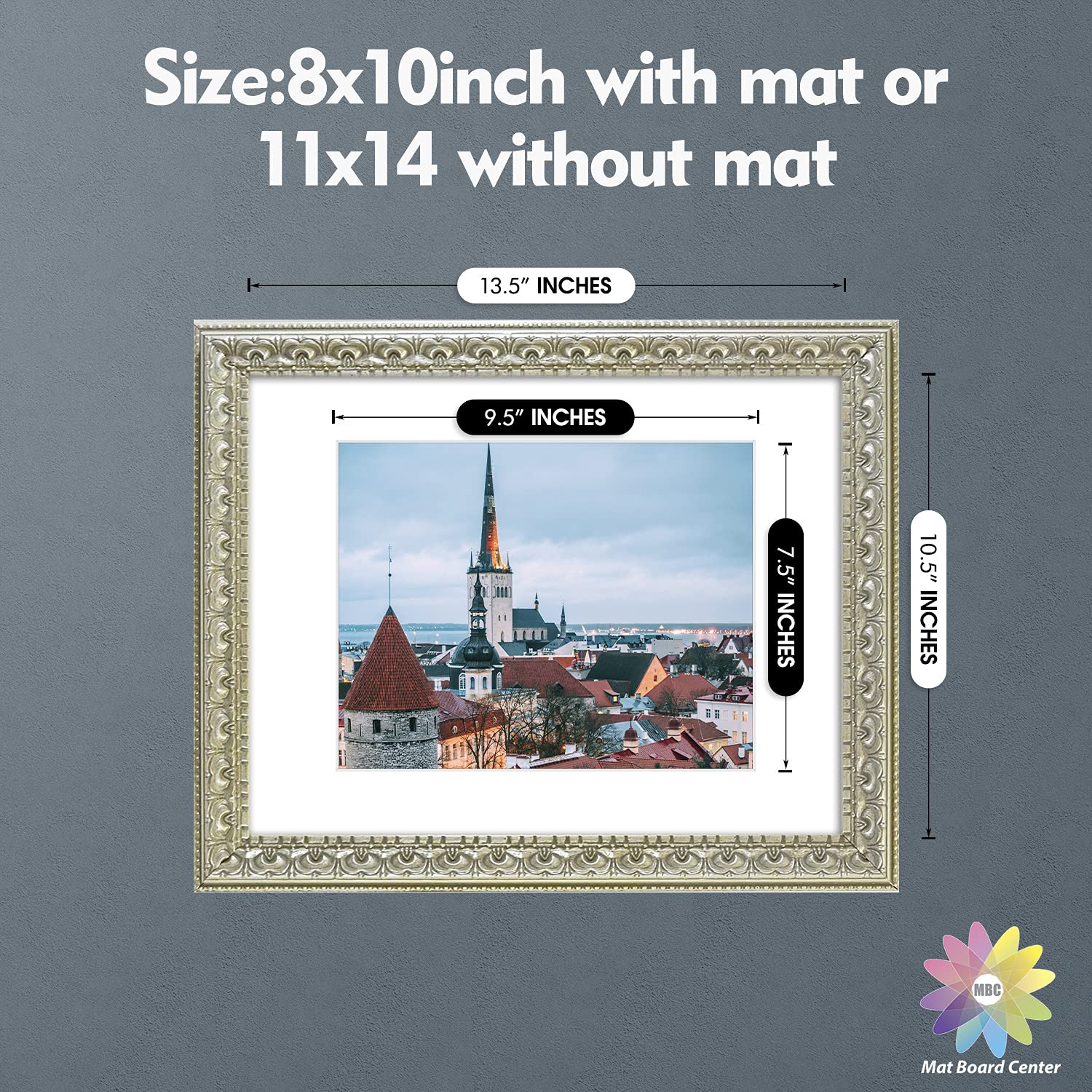 MBC MAT BOARD CENTER, 11x14 Ornate Picture Frame, Silver Beige Color, Matted to 8x10 - White Mat - Tempered Glass