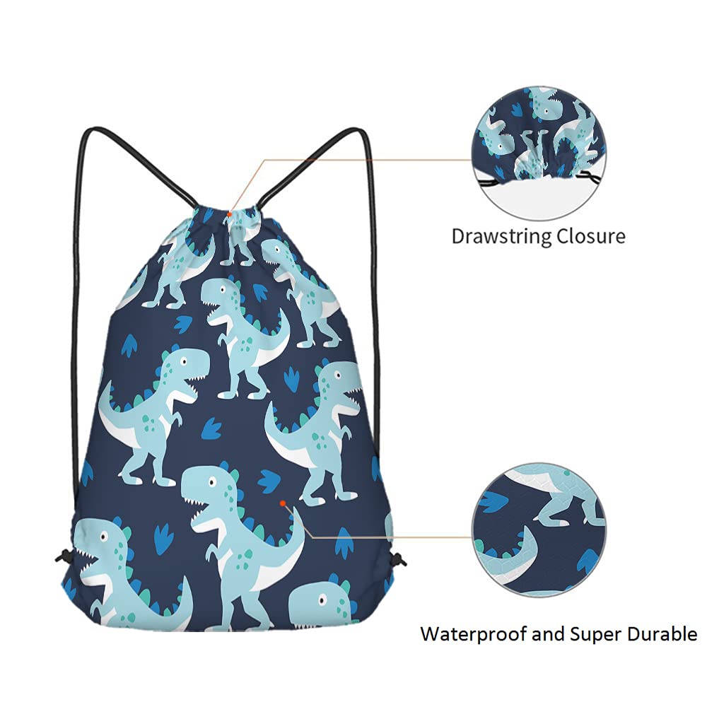 Beabes Blue Dinosaur Print Drawstring Backpack Bag - Dino Little Cute Cartoon Animal Pattern Roar Series Sport Gym Sack Drawstring Bag for Men Women