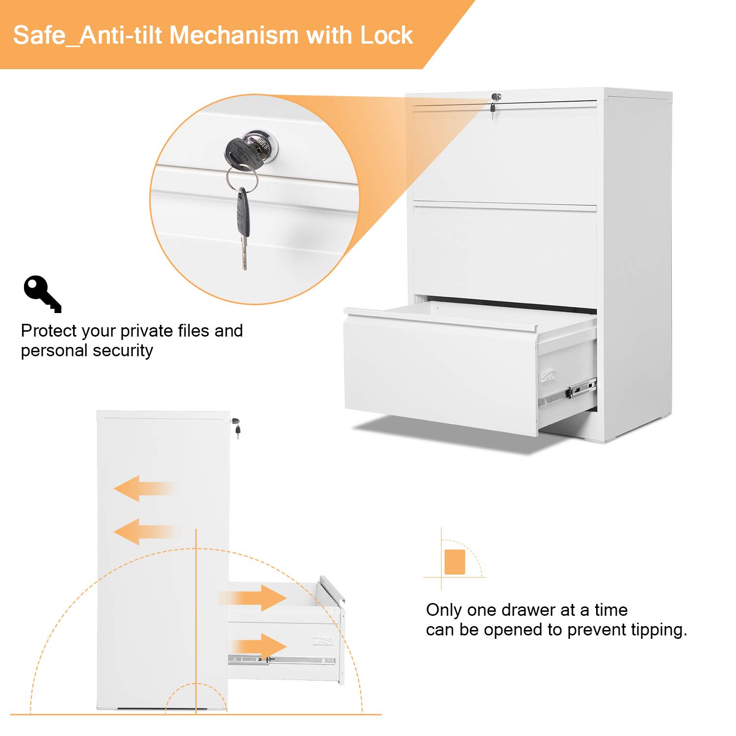 Aobabo 3 Drawer Lateral Steel File Organizing Cabinet with Locking System and Adjustable Hanging Bars for Letter/Legal Size Paper, White