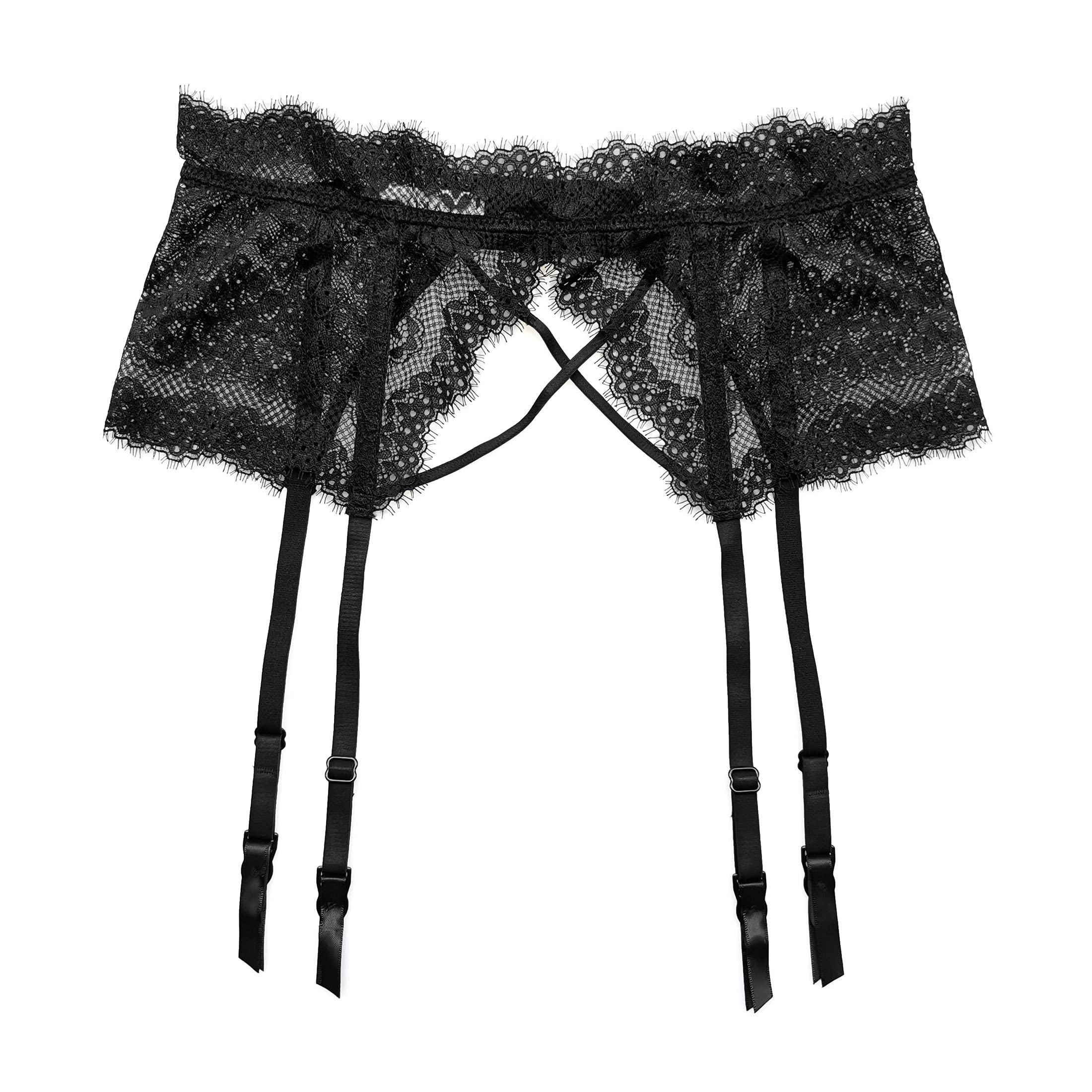 TVRtyle Black Women's Lace Eyelash Metal Clips Sexy Garter Belts for Stockings S515 (Black, Medium)