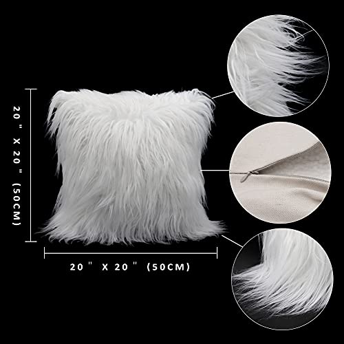 AerWo Set of 2 White Decorative Fluffy Pillow Covers, 20x20 Inch New Luxury Series Merino Style Faux Fur Throw Pillow Covers Square Fuzzy Cushion Case, Off-White