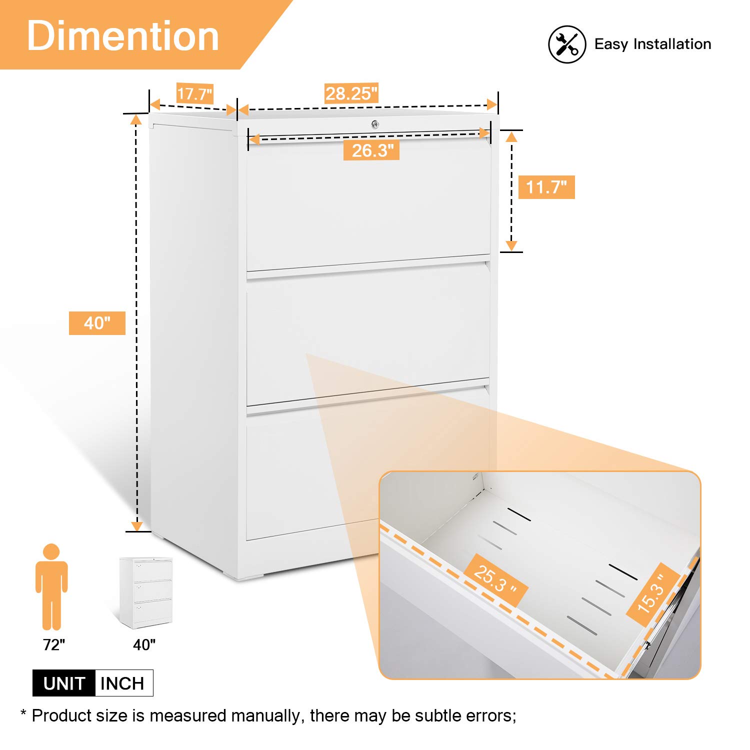 Aobabo 3 Drawer Lateral Steel File Organizing Cabinet with Locking System and Adjustable Hanging Bars for Letter/Legal Size Paper, White