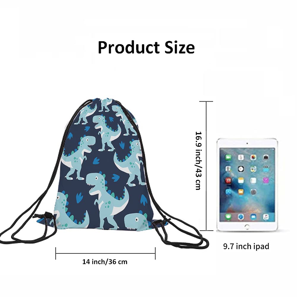 Beabes Blue Dinosaur Print Drawstring Backpack Bag - Dino Little Cute Cartoon Animal Pattern Roar Series Sport Gym Sack Drawstring Bag for Men Women