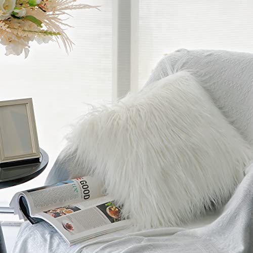 AerWo Set of 2 White Decorative Fluffy Pillow Covers, 20x20 Inch New Luxury Series Merino Style Faux Fur Throw Pillow Covers Square Fuzzy Cushion Case, Off-White