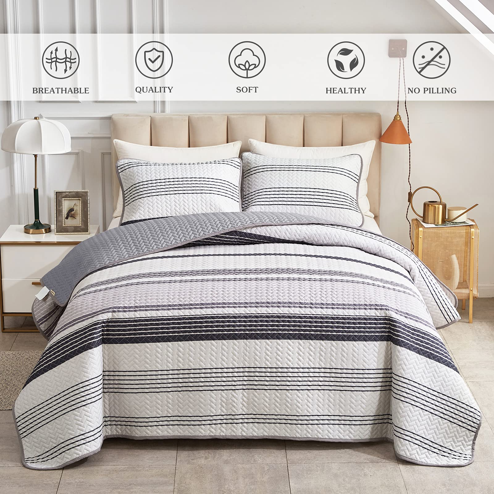 Flysheep Grey Boho Quilt Set Full Queen Size, 3 Pcs Gray Black and Navy Striped Bedspread, Soft Microfiber Modern Coverlet for All Season - 1 Quilt and 2 Pillow Shams