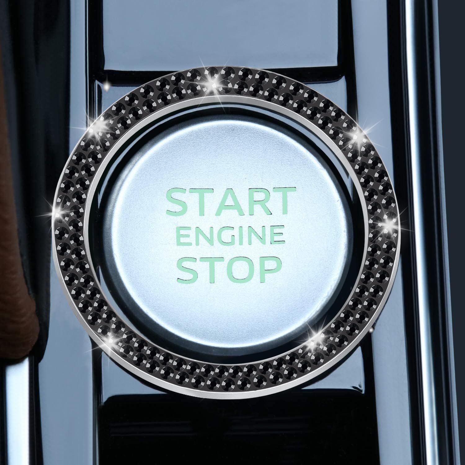 LivTee 2 PCS Crystal Double Rhinestone Car Engine Start Stop Decoration Ring, Bling Car Interior Accessories for Women, Push to Start Button Cover/Sticker, Key Ignition & Knob Bling Ring, Black