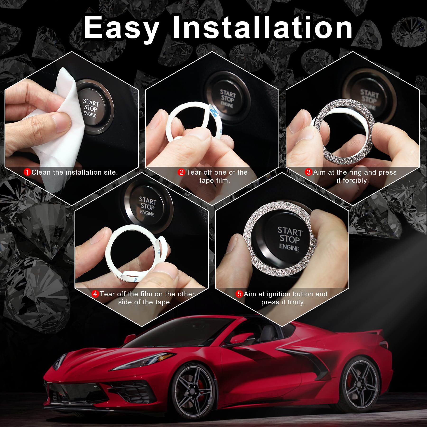 LivTee 2 PCS Crystal Double Rhinestone Car Engine Start Stop Decoration Ring, Bling Car Interior Accessories for Women, Push to Start Button Cover/Sticker, Key Ignition & Knob Bling Ring, Black