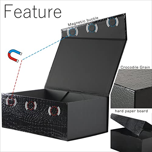 Sovietiep 3 Pack Elegant Black Gift Boxes 9.8x6.8x4 Inch, Crocodile Leather Paper Gift Box for Gift Packaging, Bridesmaid Proposal Box, Groomsmen Proposal Box, Birthday Party Box, Christmas Box(3 Powerful Magnet for Each Box) - Extra Ribbon, Tag, Card