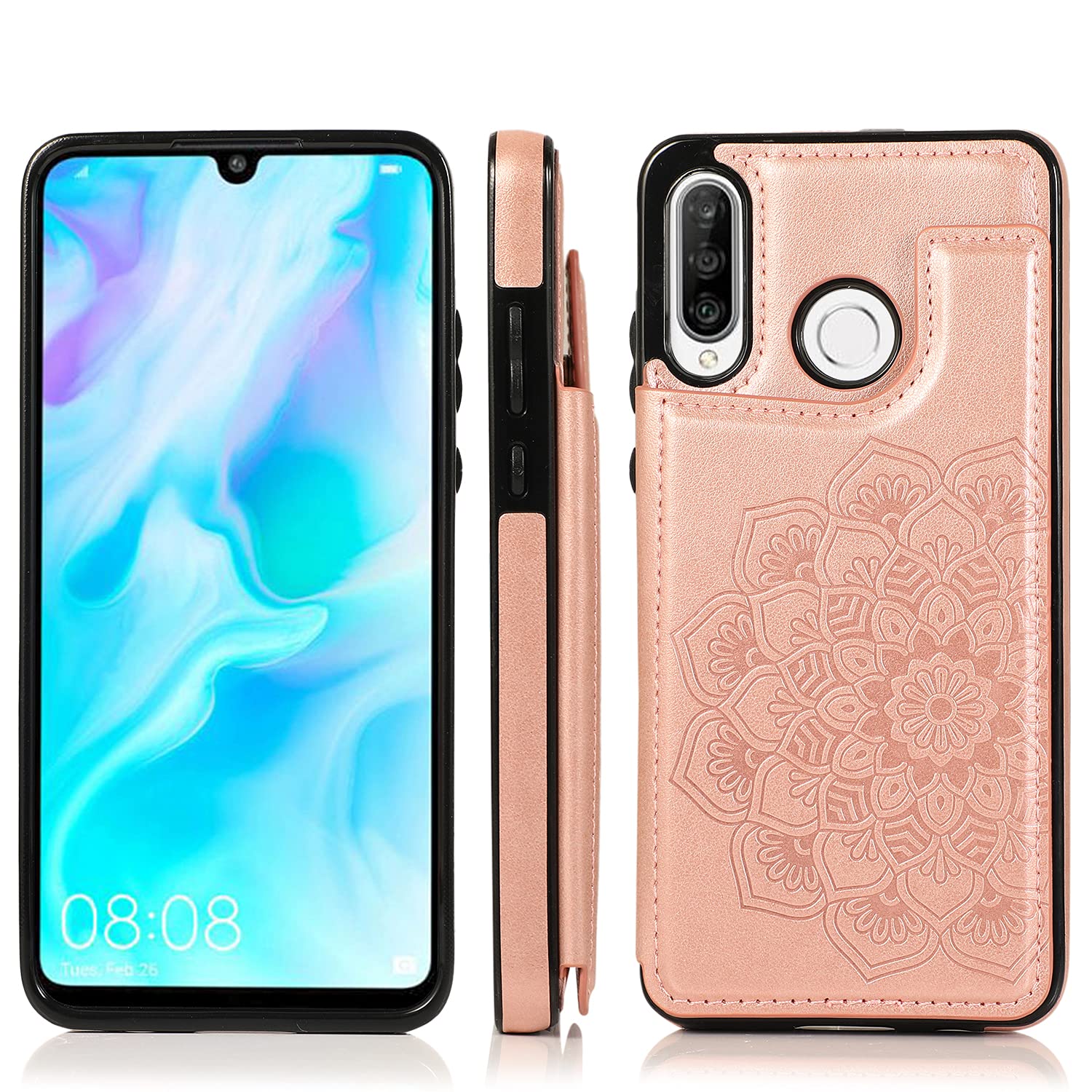 Asuwish Compatible with Huawei P30 Lite Case and Tempered Glass Screen Protector Cell Accessories Card Holder Slot Stand Kickstand Flip Wallet Phone Covers for Hawaii P30Lite P 30 30Lite 30P Rose Gold