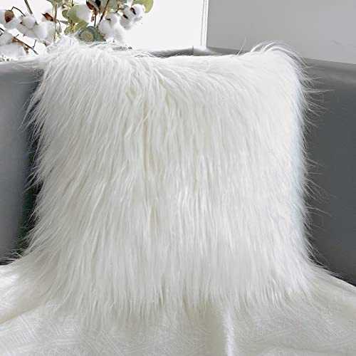 AerWo Set of 2 White Decorative Fluffy Pillow Covers, 20x20 Inch New Luxury Series Merino Style Faux Fur Throw Pillow Covers Square Fuzzy Cushion Case, Off-White
