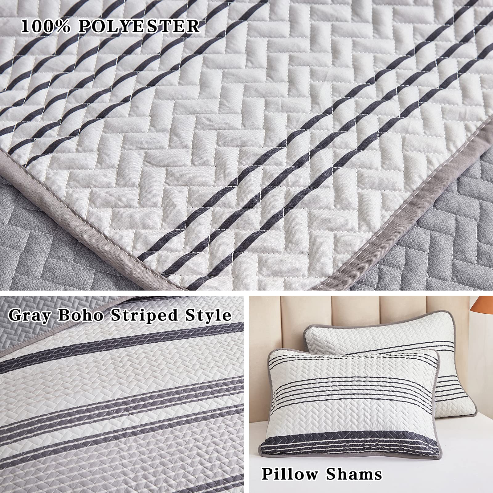 Flysheep Grey Boho Quilt Set Full Queen Size, 3 Pcs Gray Black and Navy Striped Bedspread, Soft Microfiber Modern Coverlet for All Season - 1 Quilt and 2 Pillow Shams