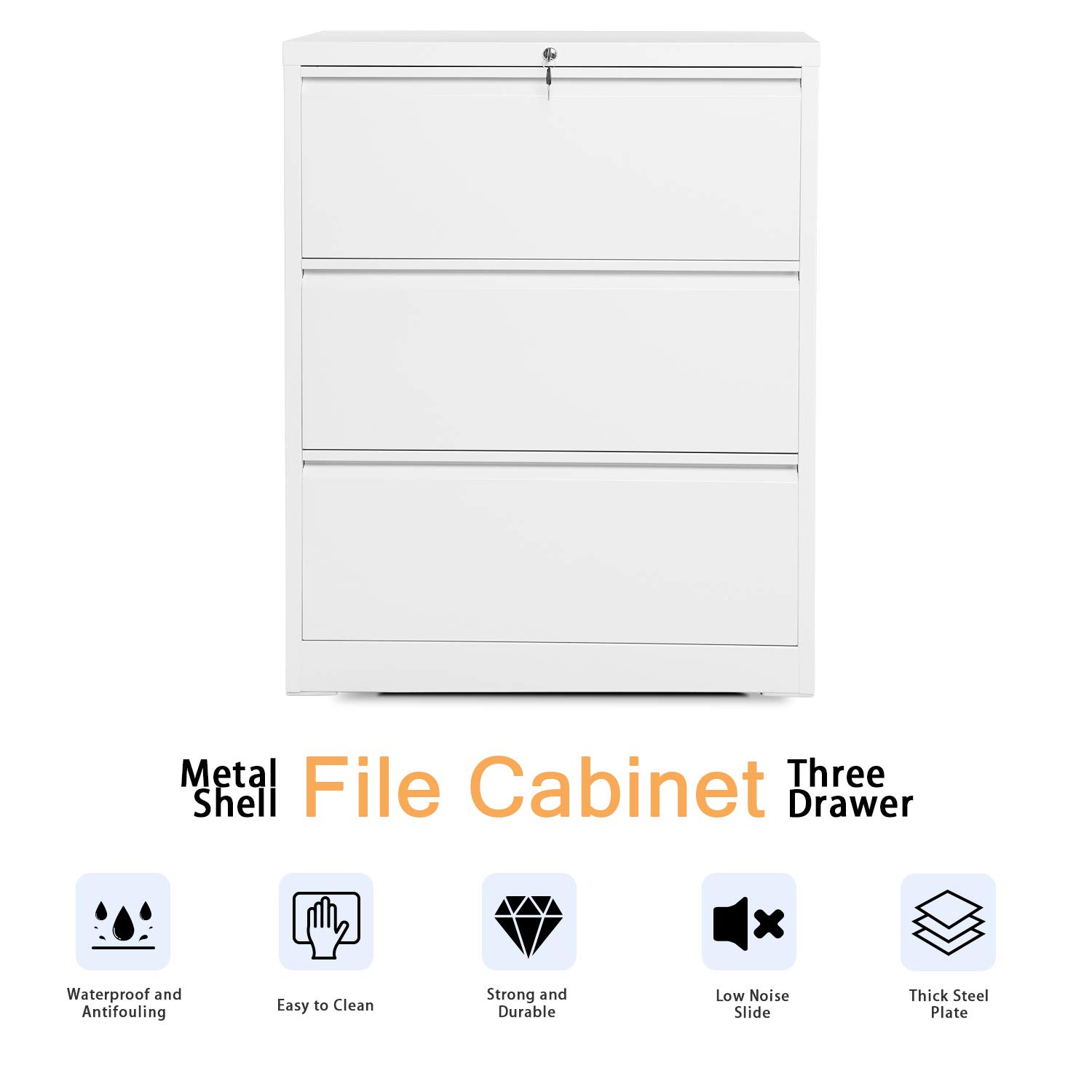 Aobabo 3 Drawer Lateral Steel File Organizing Cabinet with Locking System and Adjustable Hanging Bars for Letter/Legal Size Paper, White