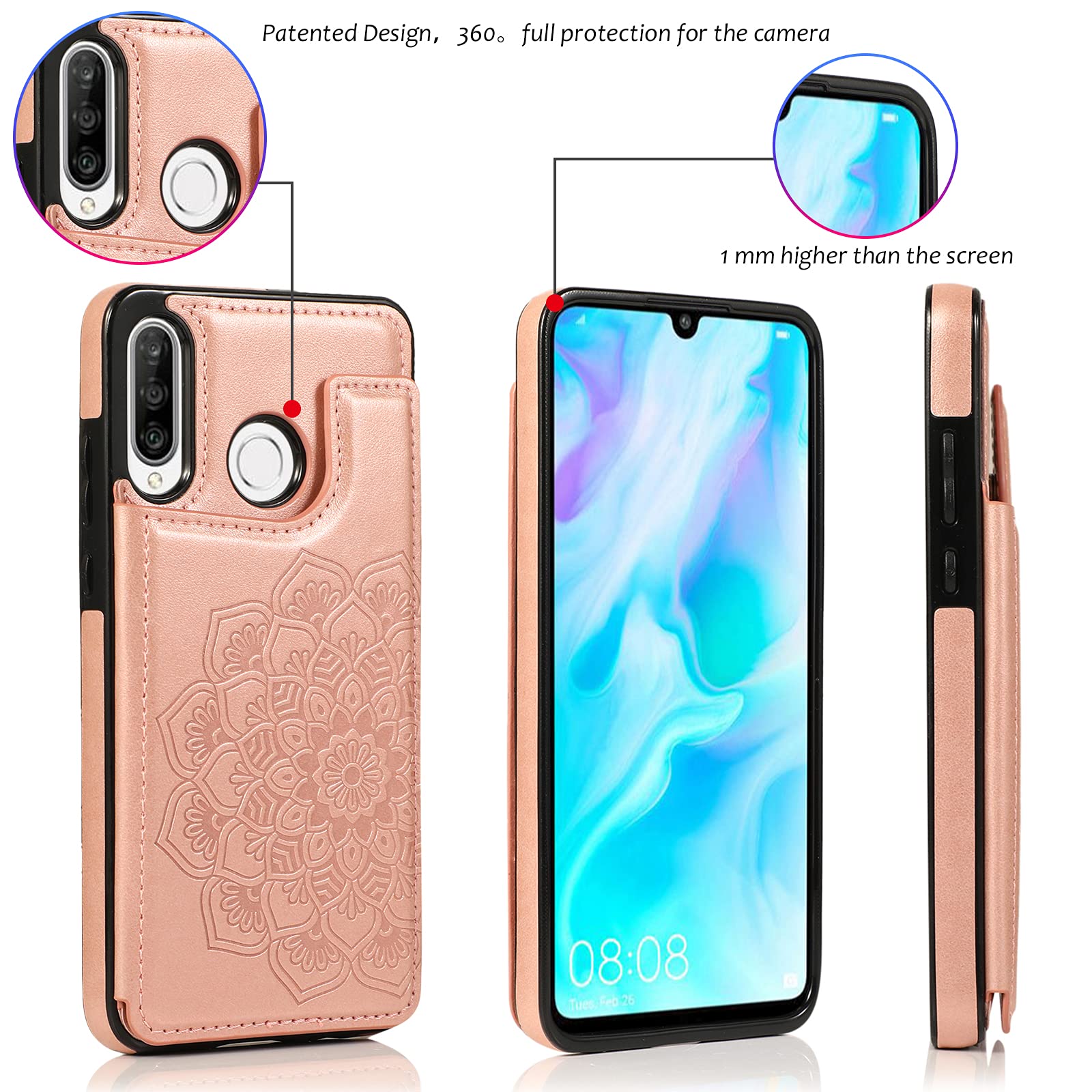 Asuwish Compatible with Huawei P30 Lite Case and Tempered Glass Screen Protector Cell Accessories Card Holder Slot Stand Kickstand Flip Wallet Phone Covers for Hawaii P30Lite P 30 30Lite 30P Rose Gold