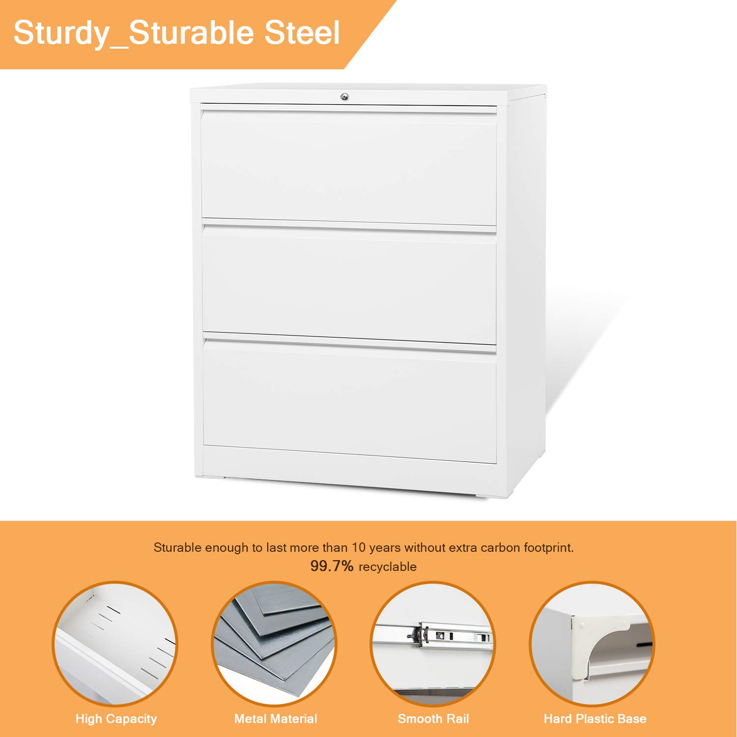Aobabo 3 Drawer Lateral Steel File Organizing Cabinet with Locking System and Adjustable Hanging Bars for Letter/Legal Size Paper, White