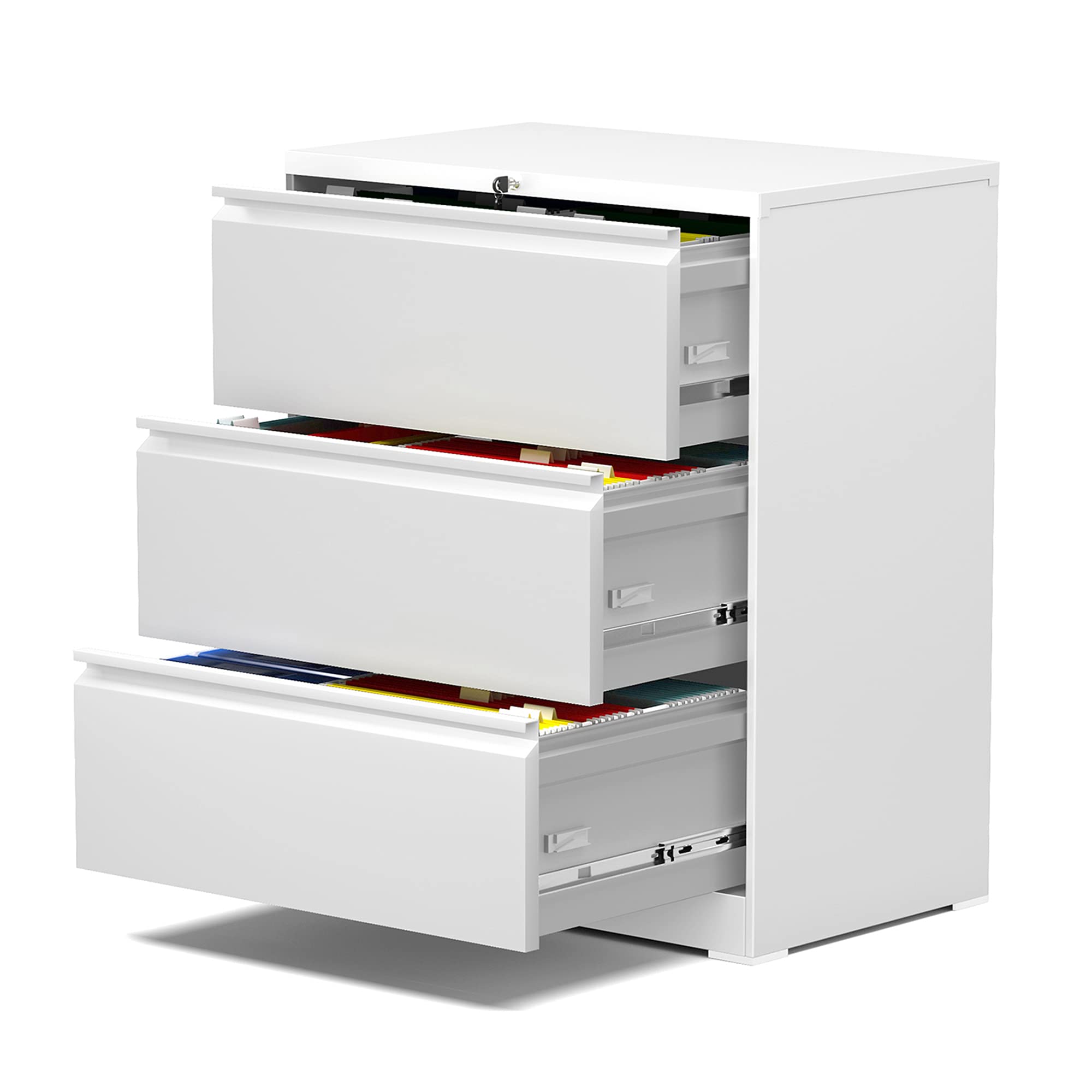 Aobabo 3 Drawer Lateral Steel File Organizing Cabinet with Locking System and Adjustable Hanging Bars for Letter/Legal Size Paper, White