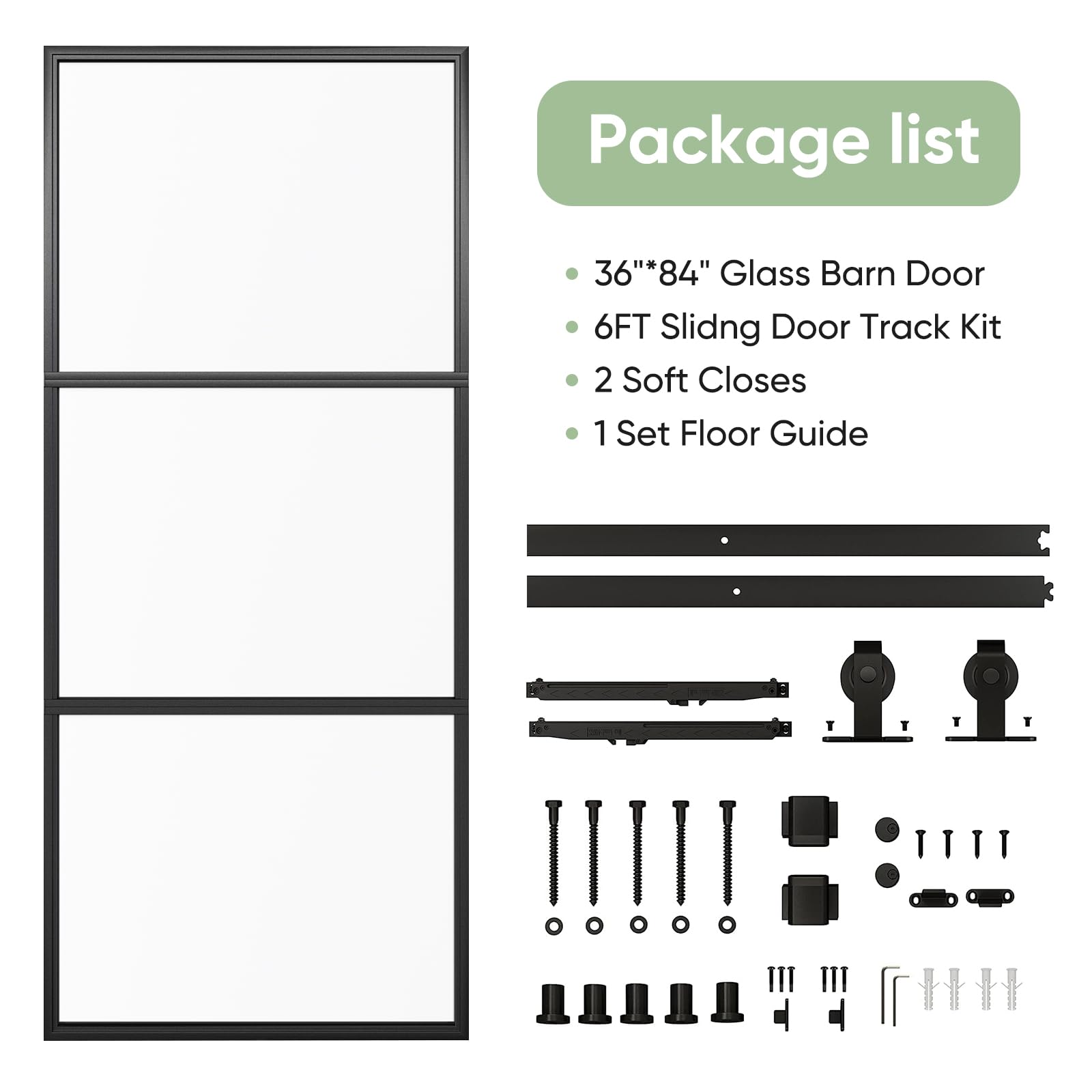BARNSMITH 36in x 84in Frosted Glass Barn Door with 6FT Top Mounted Hardware kit Include Soft Close Mechanism Black Carbon Steel Tempered Frosted Glass Sliding Door, Assemble Required Easy Installation