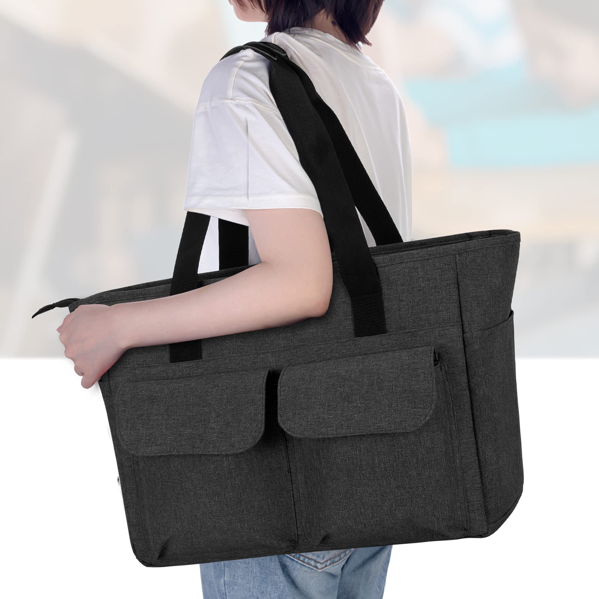 CURMIO Teacher Tote Bag for Women, Large Work Bag with Laptop Compartment for 15.6" Laptop, Black (Bag Only)