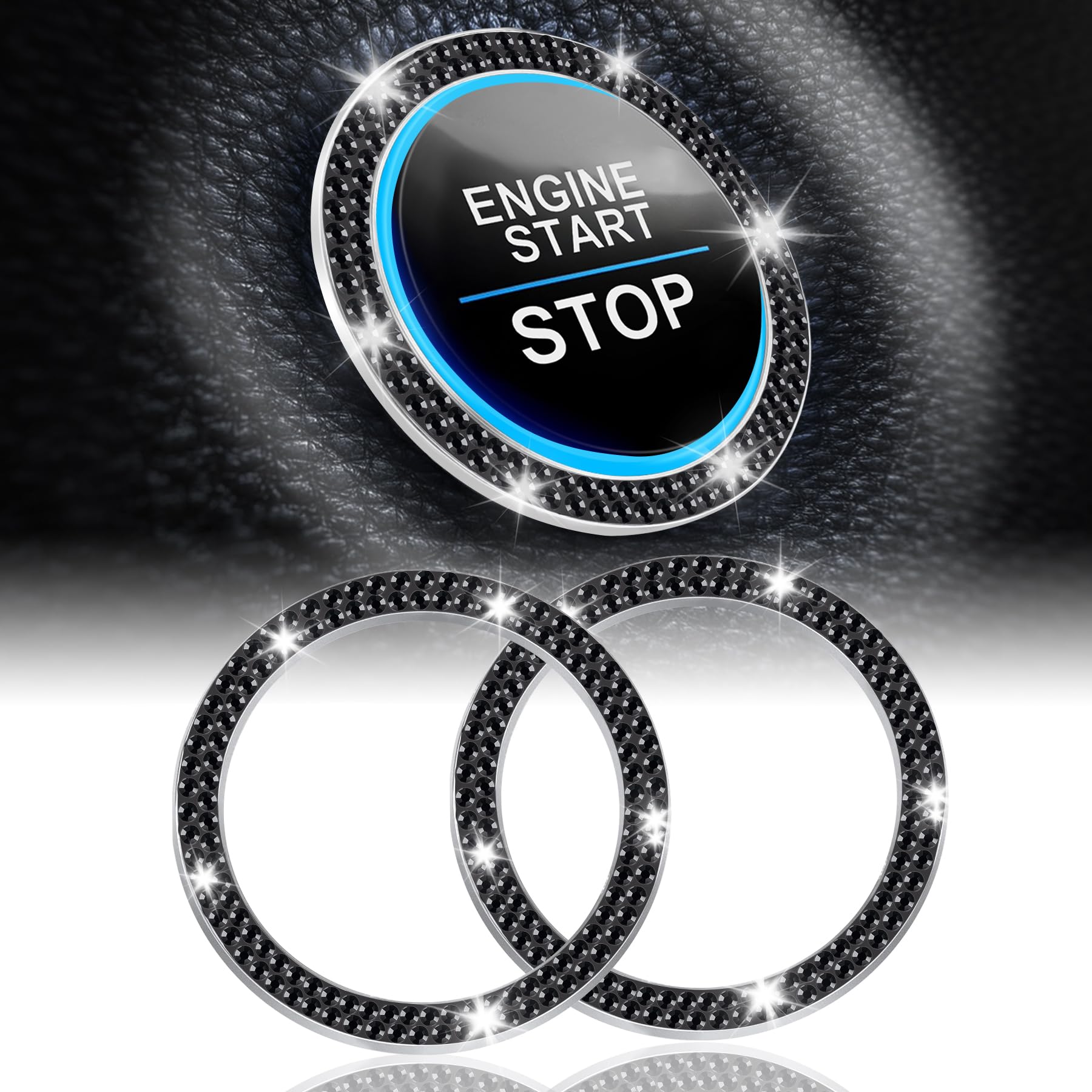 LivTee 2 PCS Crystal Double Rhinestone Car Engine Start Stop Decoration Ring, Bling Car Interior Accessories for Women, Push to Start Button Cover/Sticker, Key Ignition & Knob Bling Ring, Black