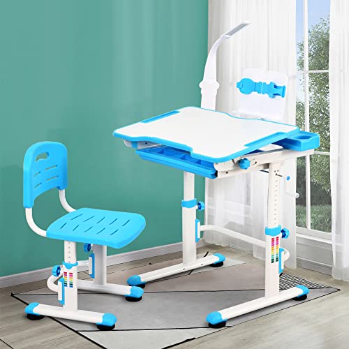 UNICOO Adjustable Kids Desk & Chair Set with LED Lamp, Premium Quality, Crank Height Adjustable Study Desk, Tilt Desktop, Spacious Storage Drawer, New Anti-tip Designed Bookstand & Safe Chair