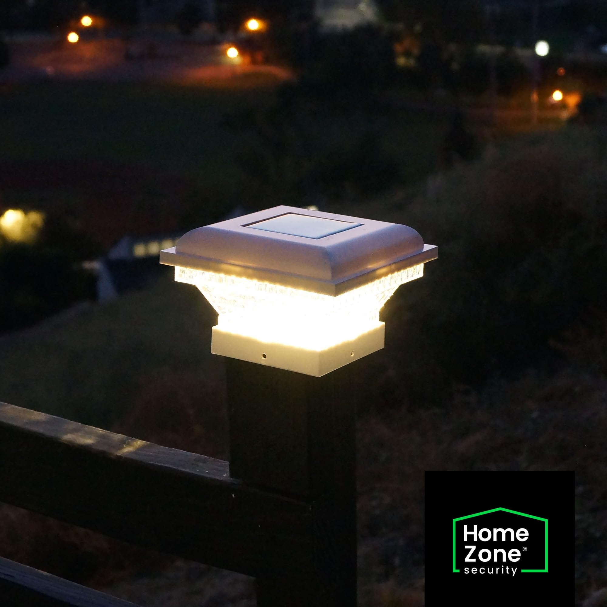 Home Zone Security 2 Pack Solar Post Cap Lights 12 Lumens Outdoor 4x4 fit Post Size 3.5x3.5, Recharging by Sunlight, Sensor Trigger Light at Night, No Wiring Require, Mount Anywhere for Decorative