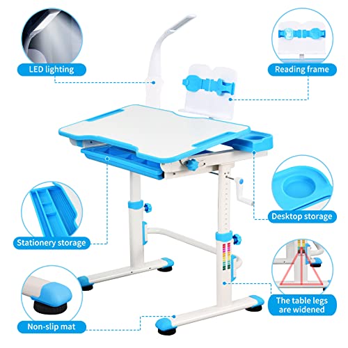 UNICOO Adjustable Kids Desk & Chair Set with LED Lamp, Premium Quality, Crank Height Adjustable Study Desk, Tilt Desktop, Spacious Storage Drawer, New Anti-tip Designed Bookstand & Safe Chair