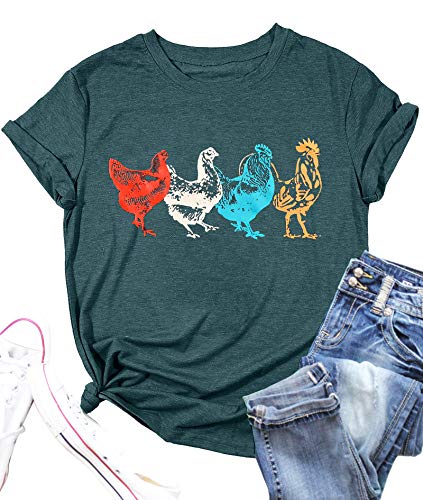 Chicken Shirt for Women Farm Tees Farm Girl T Shirt Funny Chicken Graphic T-Shirt Casual Short Sleeve Tops Green