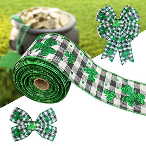 Happy St. Patrick's Day Glitter Lucky Shamrock Checkered Plaid Wired Edge Ribbon Green Clover Fabric Ribbon Ornaments for St. Patrick Decorations Gift Wrapping Party Decorative 2.5"x10 Yard