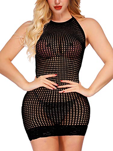 OGNEE Women's Sexy Lace Teddy Fishnet BobyStocking Lingerie Mesh Hole Strap Stretch Chemise Babydoll Bodysuit Mini Dress (black)