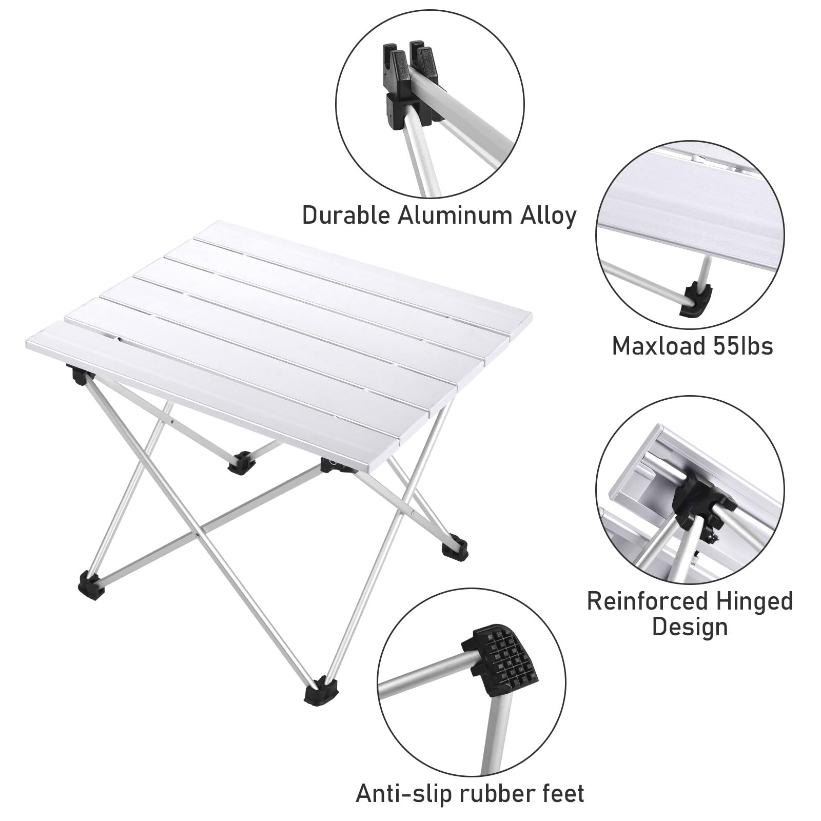 Tesouro Portable Camping Table,Folding Side Table Aluminum Top for Outdoor Cooking, Hiking, Travel, Picnic (Small, Sliver)