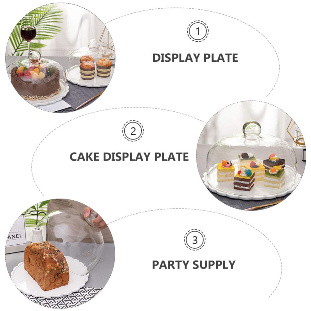 DOITOOL Ceramic Cake Plate with Glass Dome Glass Dessert Holder Clear Cupcake Stand Decorative Serving Tray Dish Rack for Fruit Dessert Cake White
