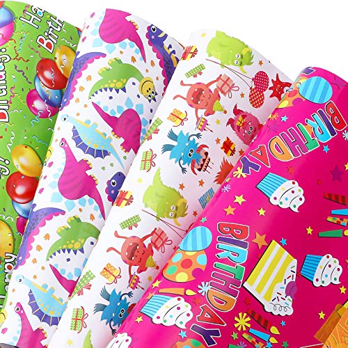 U'COVER Birthday Gift Wrapping Paper Sets Happy Birthday Greetings Theme 4 Styles Mixed Gift Wrap Papers for Gifts Box Wrapped Decor for Girls Boys Kids Baby Shower Women 10 Folded Sheets 20 * 29inch