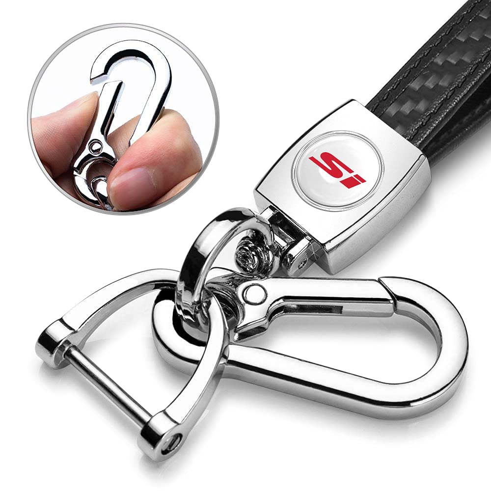iPick Image Compatible with Honda Civic Si Red Logo in White Genuine Black Carbon Fiber Loop-Strap Chrome Hook Key Chain