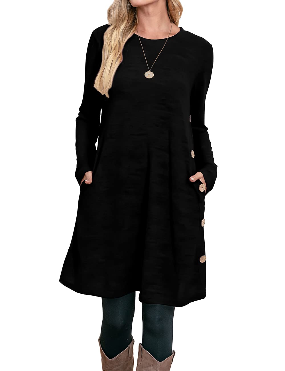 OFEEFAN Sweater Dresses for Women Tunics for Women to Wear with Leggings Black XL